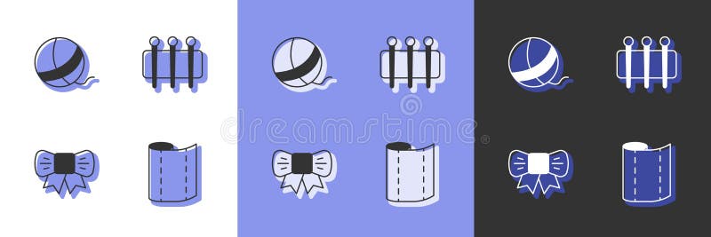 Set Textile Fabric Roll, Yarn Ball, Gift Bow and Needle for Sewing Icon ...