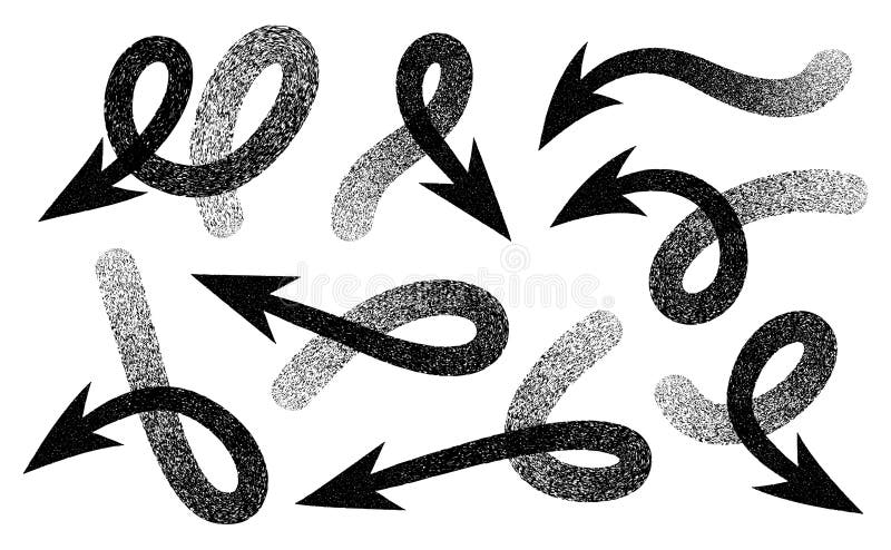 Set of Textured Black Arrows with Swirling and Curved Forms Pointing in ...