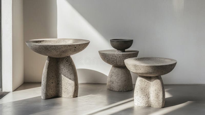 Set of Textured Grey Stone Tables in Minimalist Interior Stock ...