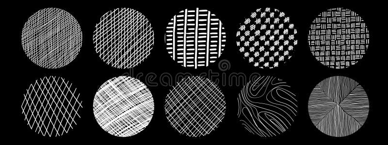 Set of Textures with Different Circle Patterns. Crosshatch, Wood, Rain ...
