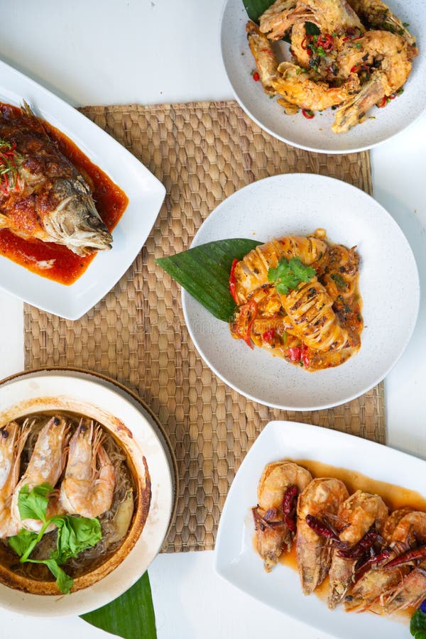 Set of Thai Seafood Popular Menu Setting on White Table. Stock Image ...