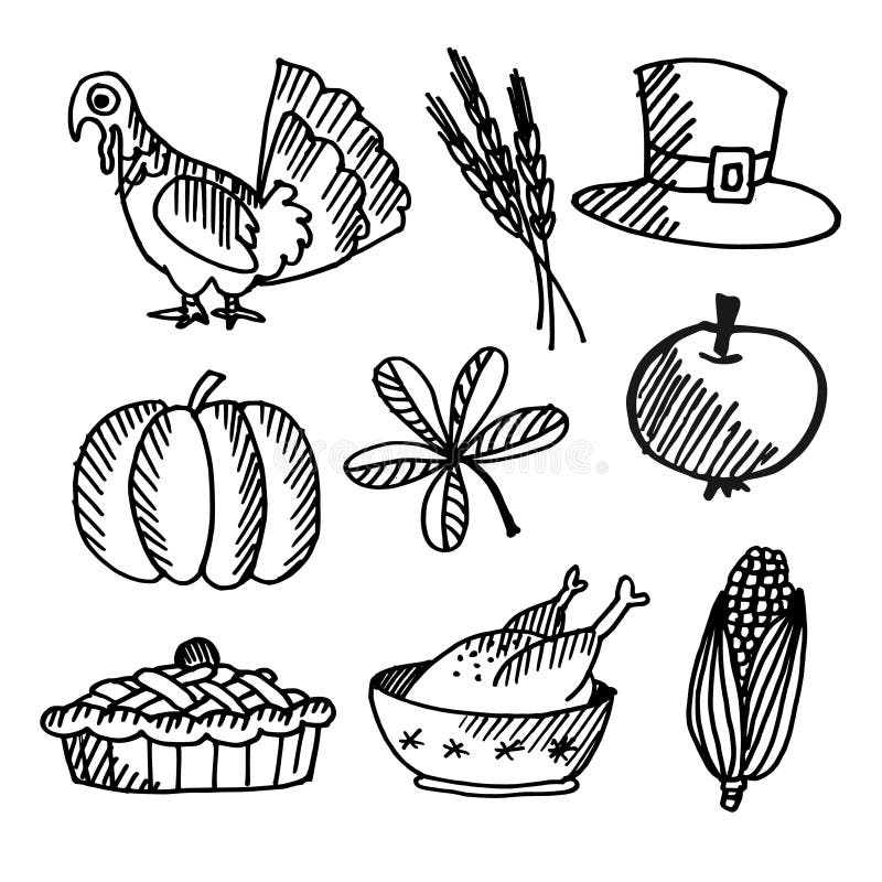 Happy Thanksgiving Day Cartoon Icons and Objects Set. Black and White ...