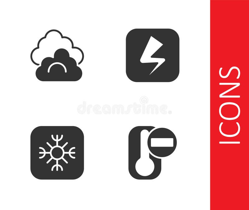 Set Thermometer, Cloud, Snowflake and Lightning Bolt Icon. Vector Stock ...