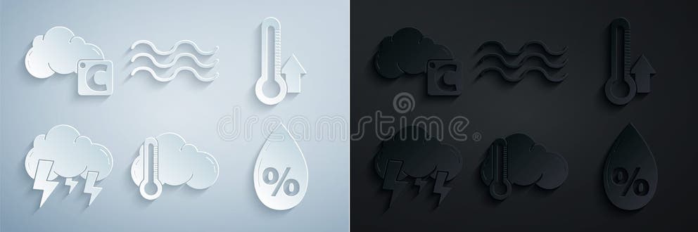 Set Thermometer and Cloud, Storm, Water Drop Percentage, Waves and ...