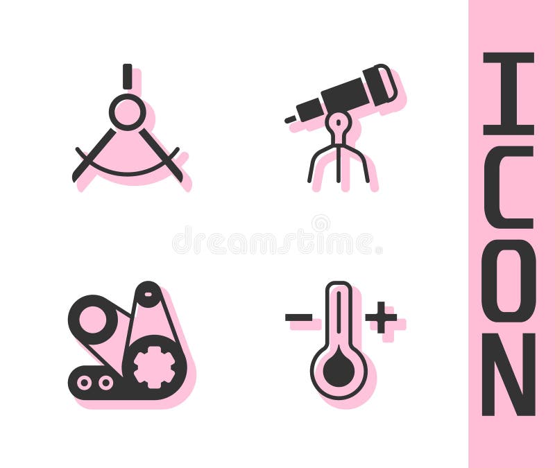 Set Thermometer, Drawing Compass, Timing Belt Kit and Telescope Icon ...