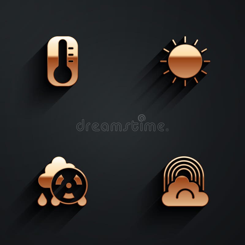 Set Thermometer, Sun, Acid Rain Radioactive Cloud and Rainbow with Icon ...