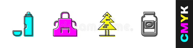Set Thermos Container, Kitchen Apron, Tree and Jam Jar Icon. Vector ...