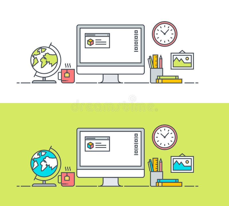 Set of Thin Line Flat Design Concept of App Developer Workspace Stock ...