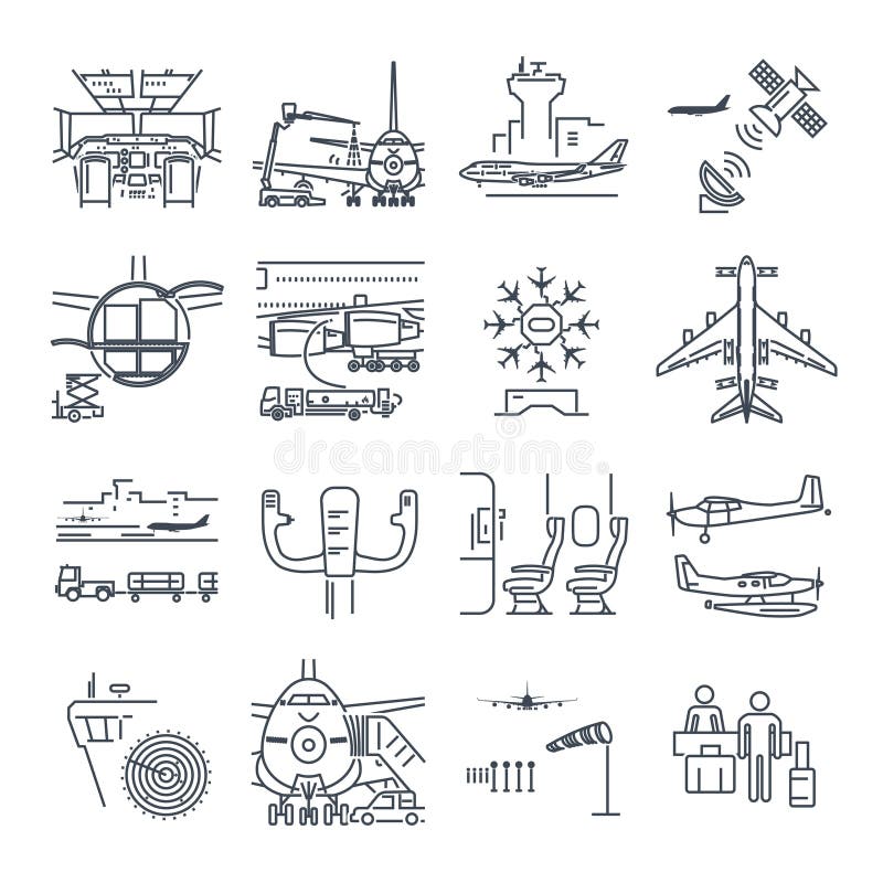 Set of Thin Line Icons Airport and Airplane, Control Tower Stock Vector ...