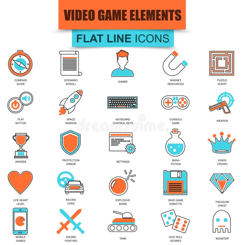 Set of Thin Line Icons Game Objects, Mobile Gaming Elements Stock ...