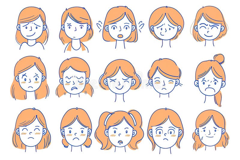 Set of Thin Line Icons for a the Same Girl Face with Different Emotion ...
