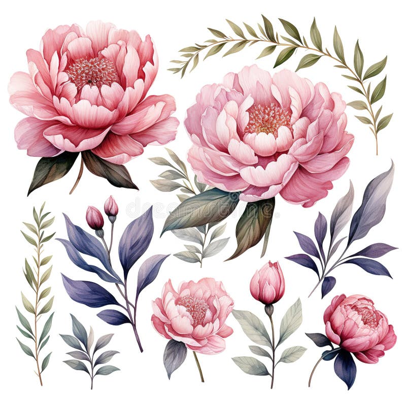 Set of Thin Watercolor Flowers Peonies Leaves Stock Illustration ...