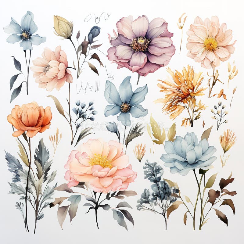 Set of Thin Watercolor Flowers Peonies Leaves Stock Illustration ...