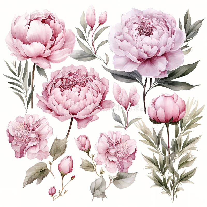 Set of Thin Watercolor Flowers Peonies Leaves Stock Illustration ...