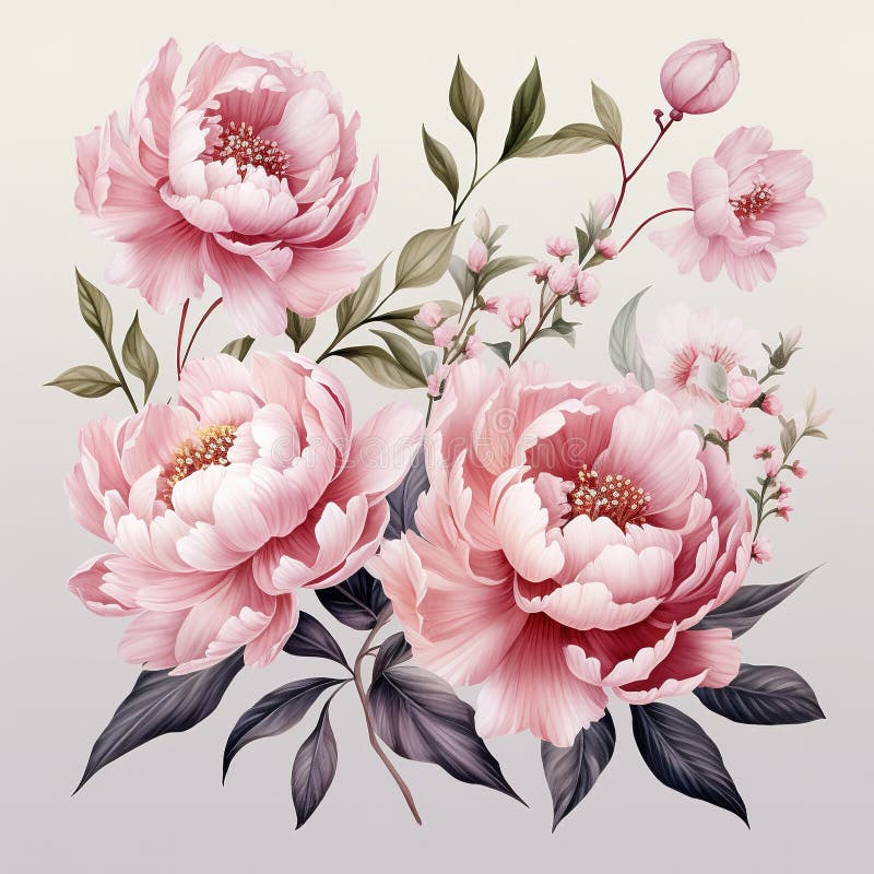 Set of Thin Watercolor Flowers Peonies Leaves Stock Photo - Image of ...