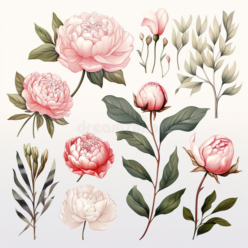 Set of Thin Watercolor Flowers Peonies Leaves Stock Illustration ...