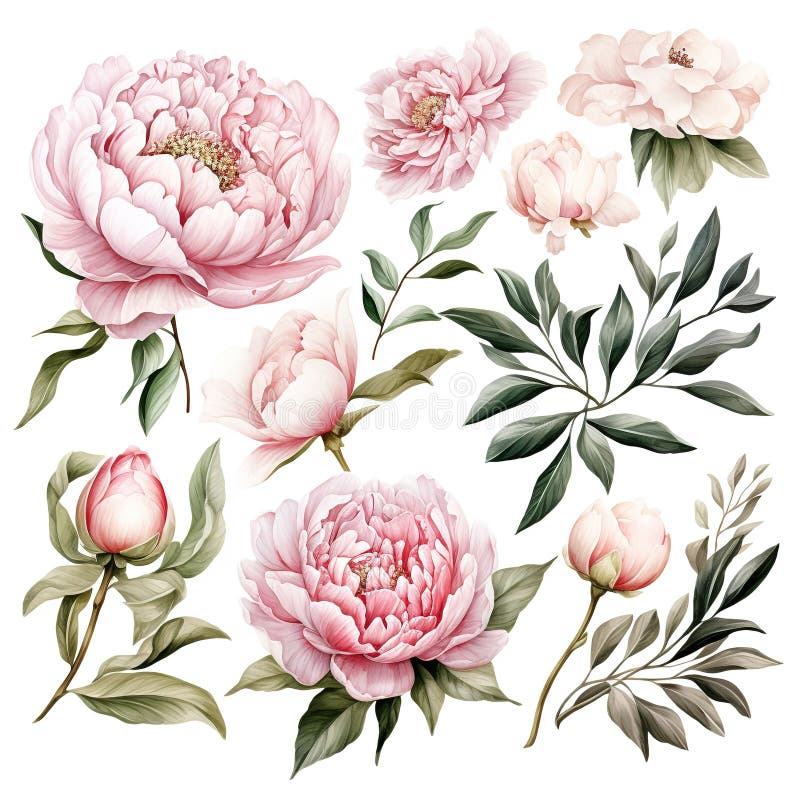 Set of Thin Watercolor Flowers Peonies Leaves Stock Illustration ...