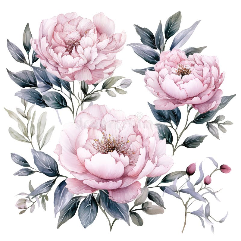 Set of Thin Watercolor Flowers Peonies Leaves Stock Illustration ...
