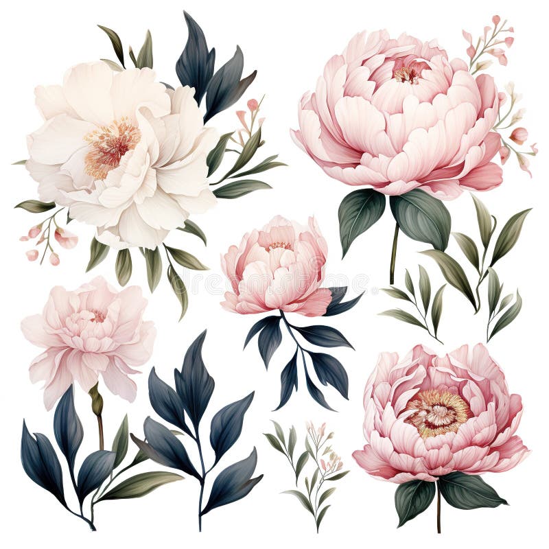 Set of Thin Watercolor Flowers Peonies Leaves Stock Illustration ...