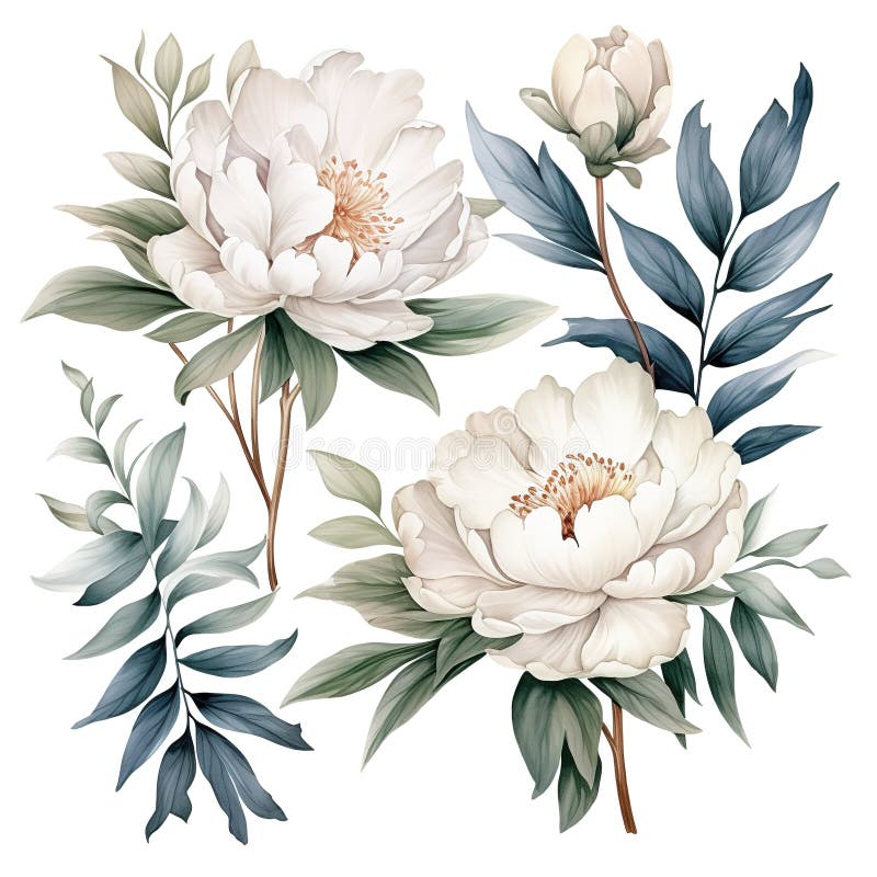 Set of Thin Watercolor Flowers Peonies Leaves Stock Illustration ...