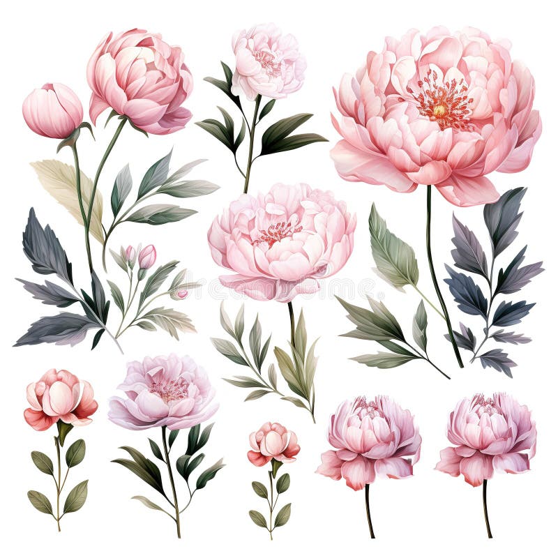 Set of Thin Watercolor Flowers Peonies Leaves Stock Illustration ...