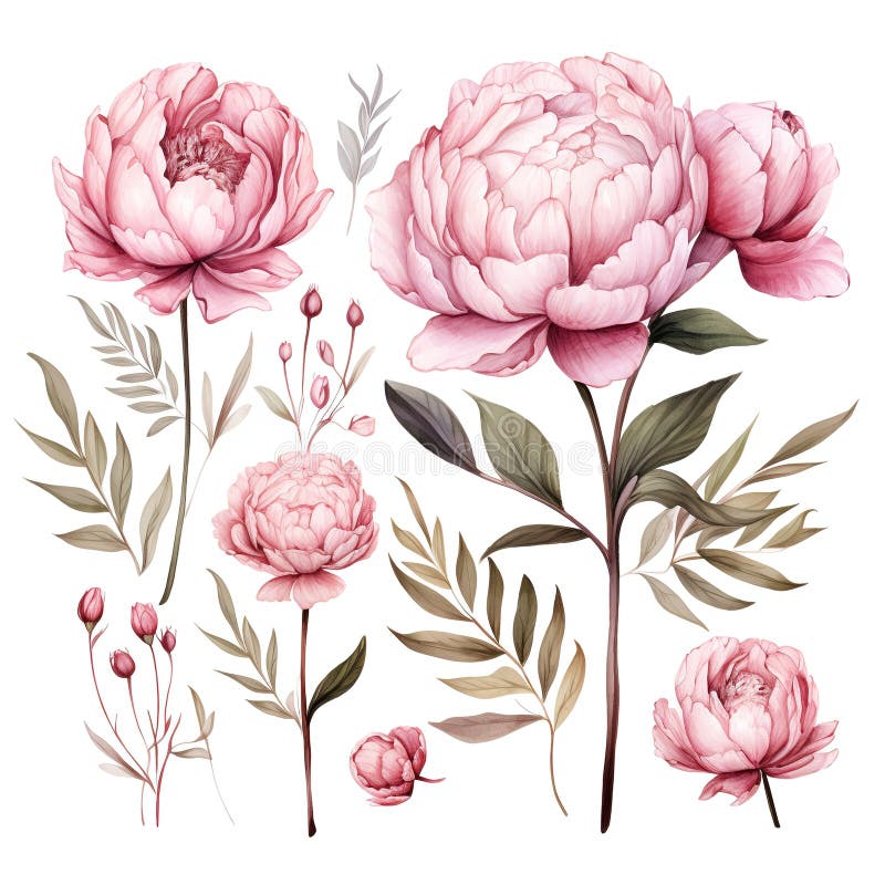 Set of Thin Watercolor Flowers Peonies Leaves Stock Illustration ...