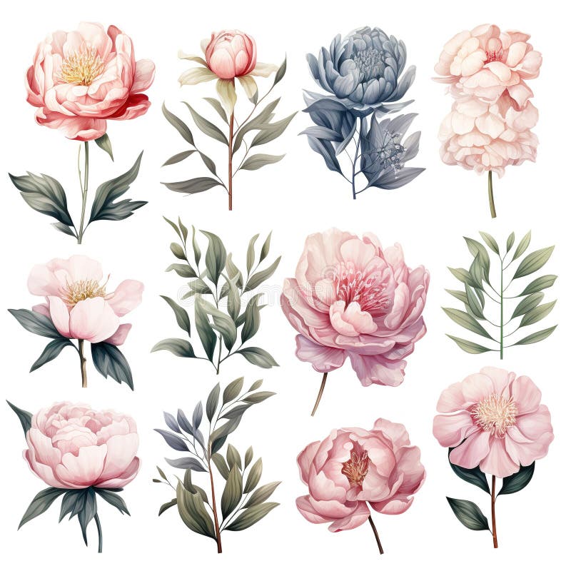Set of Thin Watercolor Flowers Peonies Leaves Stock Illustration ...