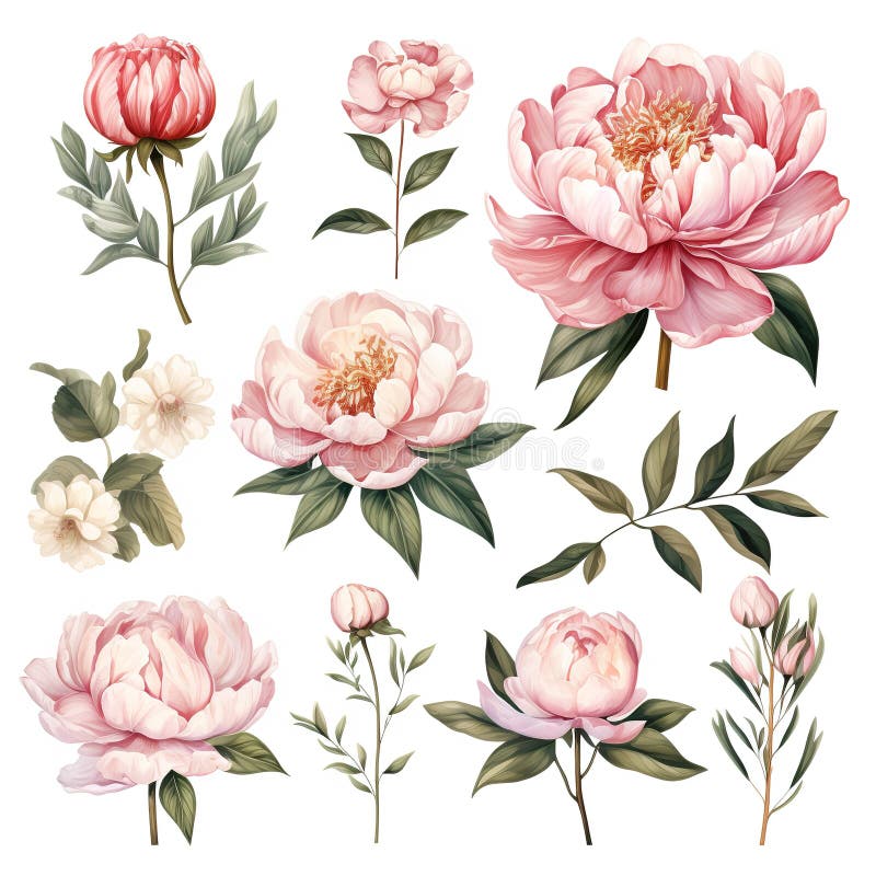 Set of Thin Watercolor Flowers Peonies Leaves Stock Illustration ...