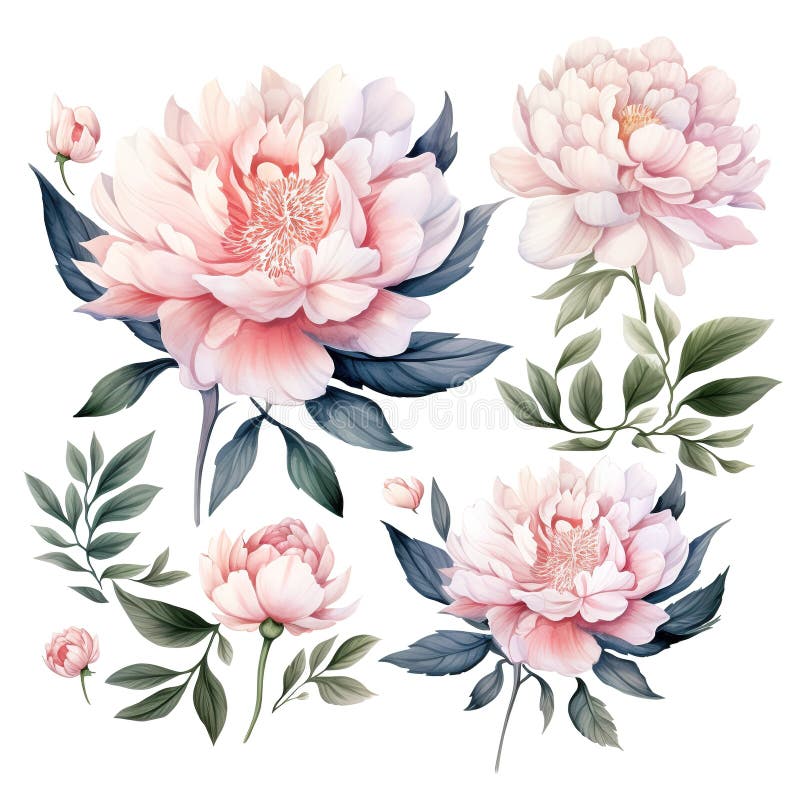 Set of Thin Watercolor Flowers Peonies Leaves Stock Illustration ...