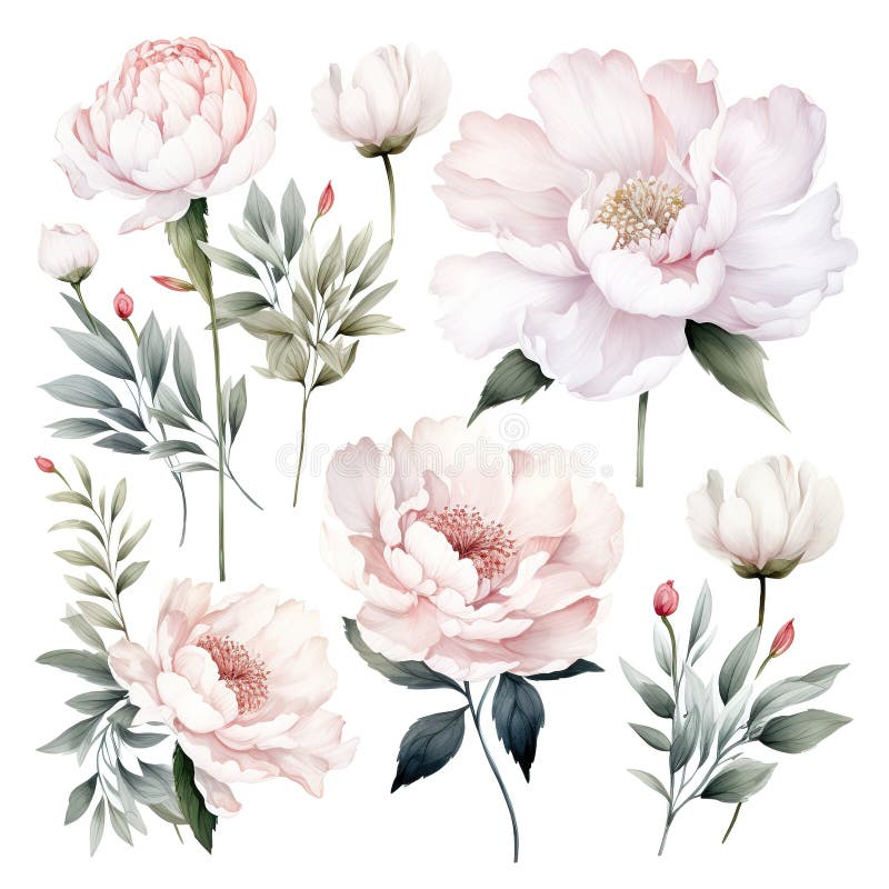 Set of Thin Watercolor Flowers Peonies Leaves Stock Illustration ...