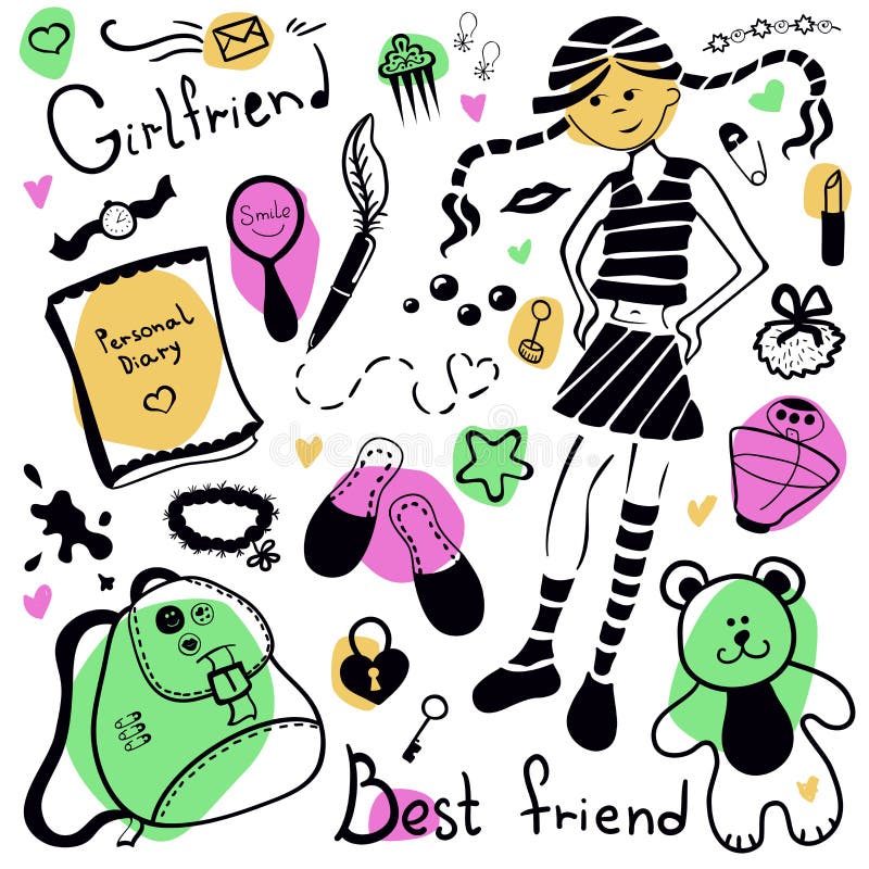 A Set of Things Girl, Drawing Pen Stock Vector - Illustration of ...
