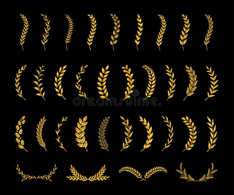 Set of Thirty-three Different Gold Silhouette Tree Branches with Laurel ...