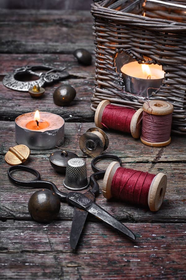 Set of threads and buttons stock image. Image of candle - 80739179