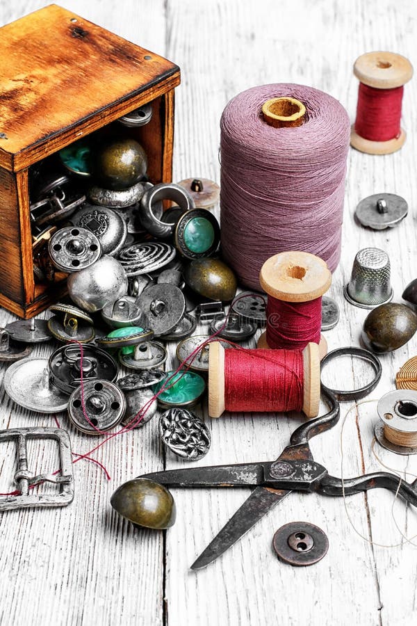 Set of Threads,stylish Iron Buttons and Scissors Stock Photo - Image of ...