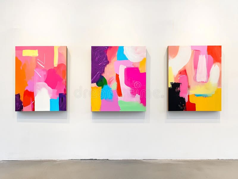 A Set of Three Abstract Bright Paintings Hanging on the White Wall ...