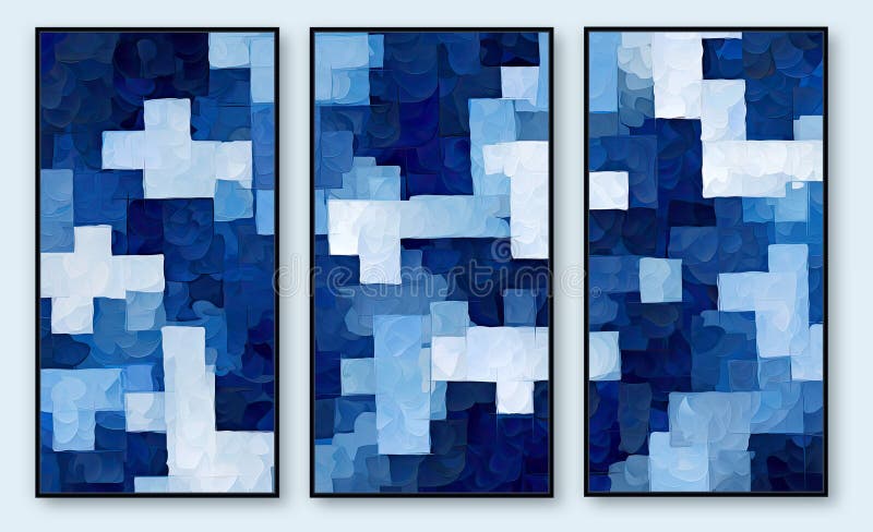 Set of Three Abstract Geometric Blue and White Wall Art Panels with ...