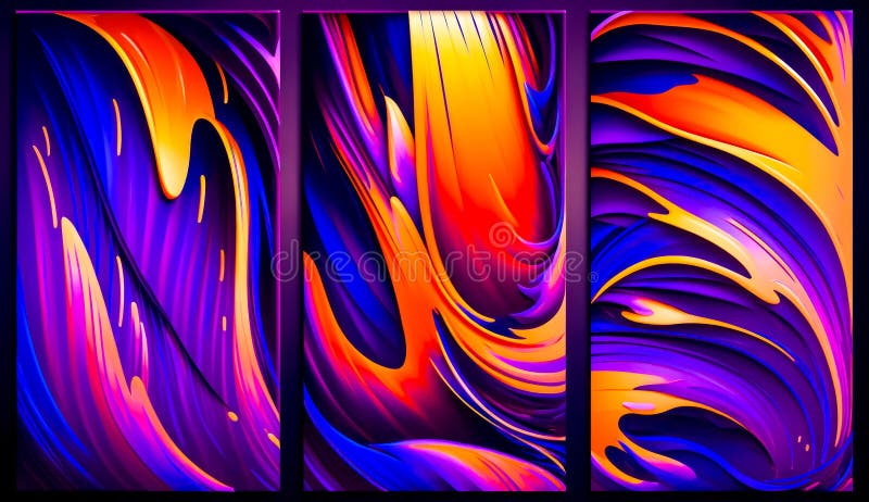 Set of Three Abstract Paintings in Purple, Orange, and Blue Colors ...