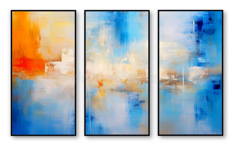 A Set of Three Abstract Wall Art Panels with Blue, Orange, and Beige ...