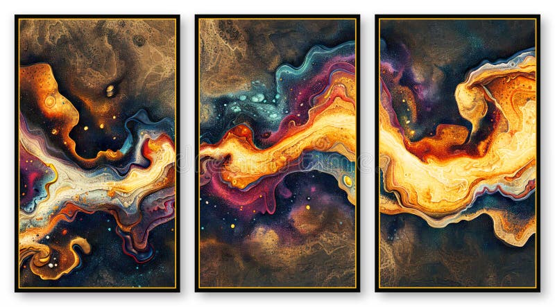 A Set of Three Abstract Wall Art Panels with Cosmic Fluid Design in ...