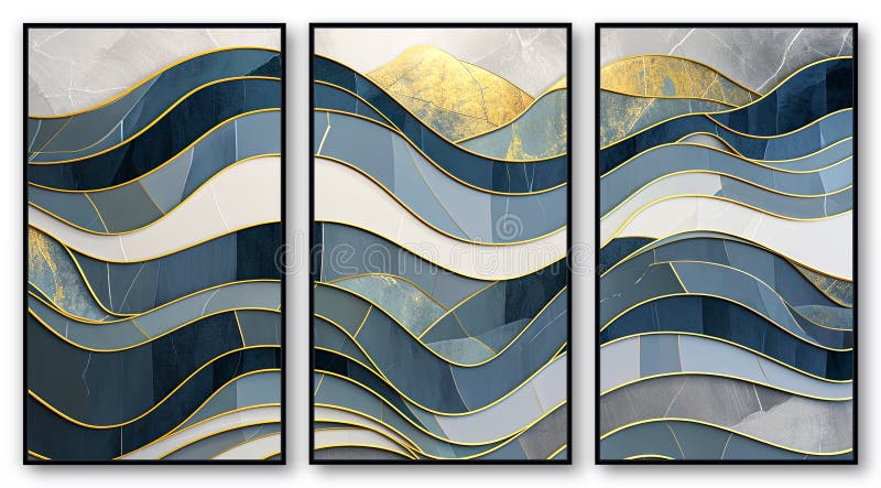 A Set of Three Abstract Wave Pattern Wall Art Panels in Blue and Gold ...