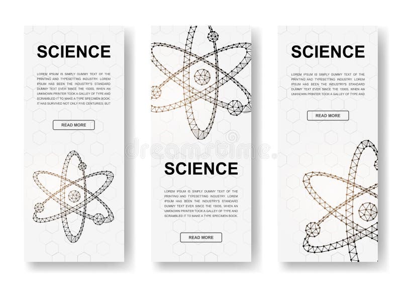 Set of Three Atom Polygonal Vertical Banners. 3d Atomic Neutron Low ...