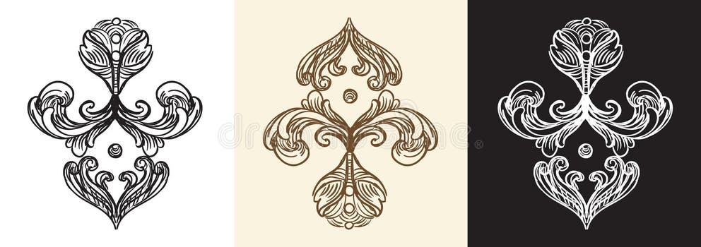 Set Three Baroque Hand Drawing Design Element Vector Illustration Stock ...