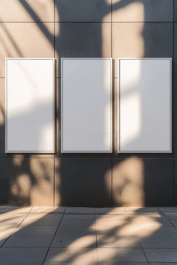 Set of Three Blank Posters with Sunlight Shadows on Modern Tiled Wall ...