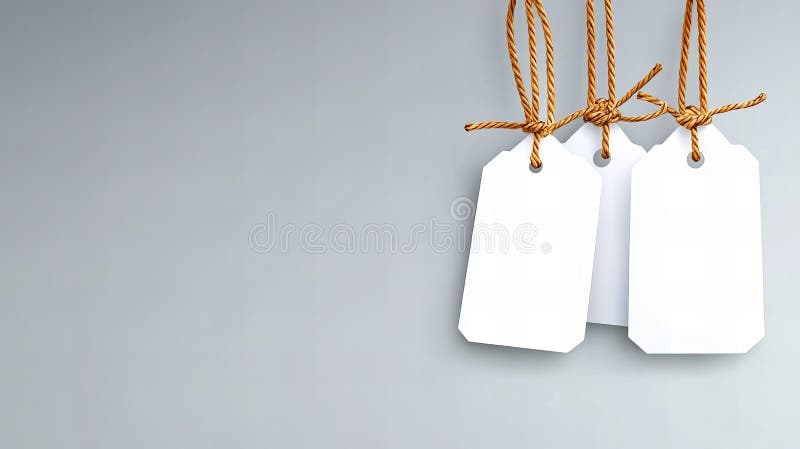 Set of Three Blank Price Tags with Orange Strings on Gray Background ...