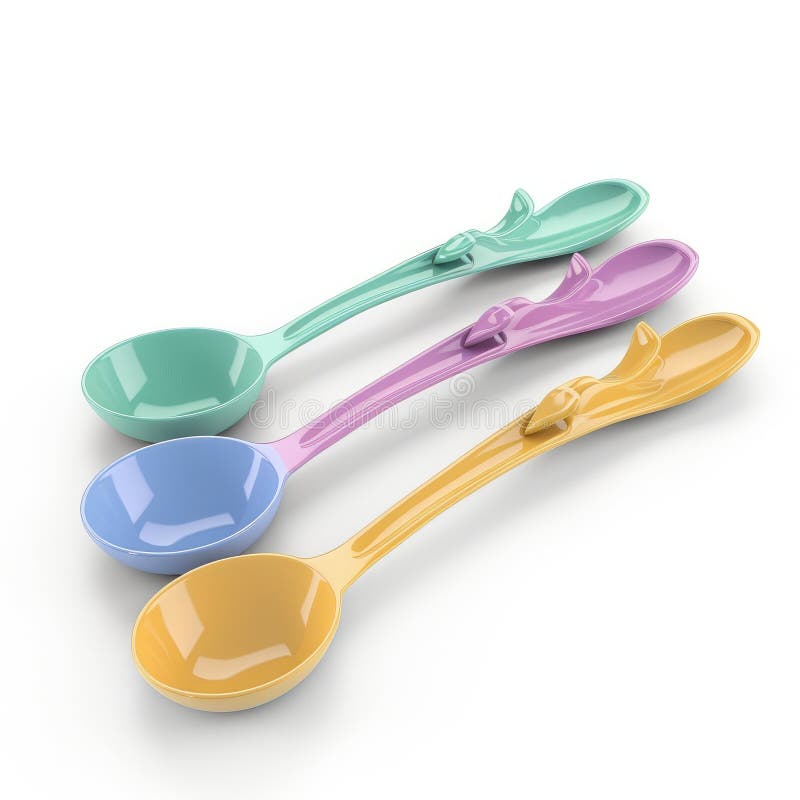 Three Pastel-Colored Spoons with Unique Handles, Resting on White ...