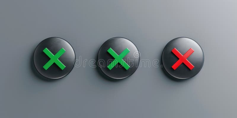 A Set of Three Buttons with Green and Red Cross Symbols Stock ...
