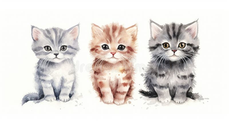 Set of Three Cats: Watercolor Illustration of Cats Characters AI ...
