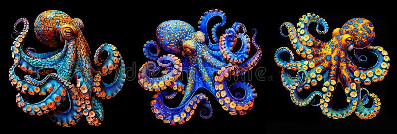 Set of Three Colorful Octopuses with Intricate Patterns in Blue and ...