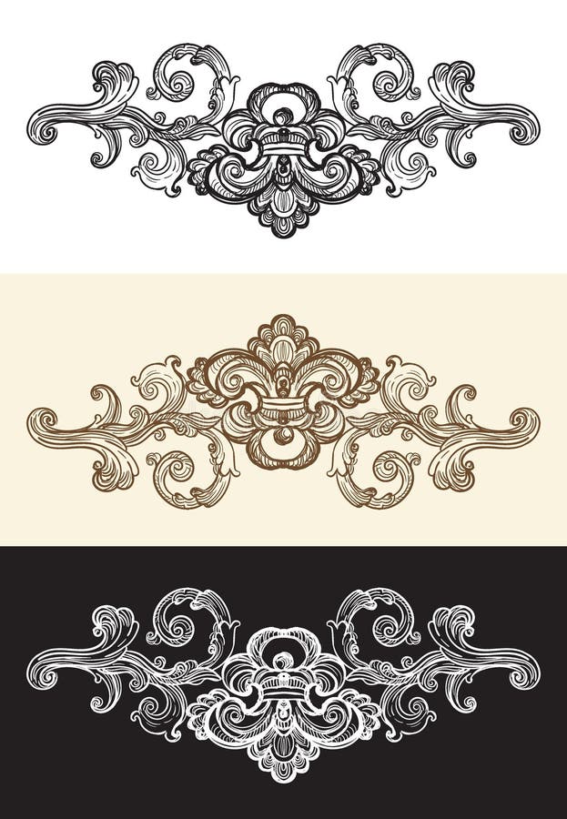 Set Three Colors Baroque Hand Drawing Design Elements Illustration ...