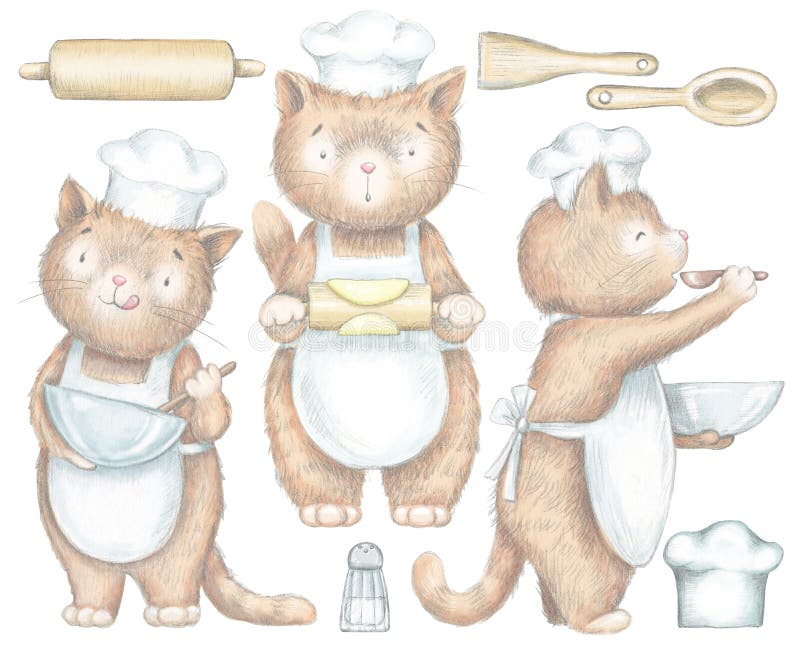 Set with Three Cooking Cats and Kitchenware Stock Illustration ...